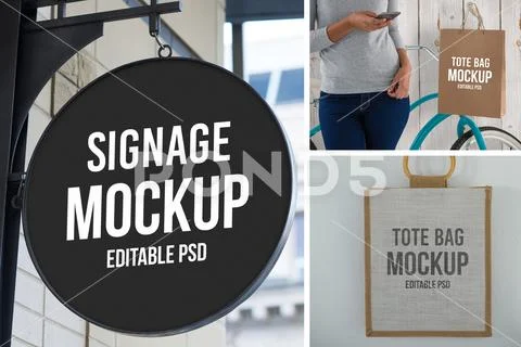 PSD Photoshop Template: Signage and Bag Mockups #163292263