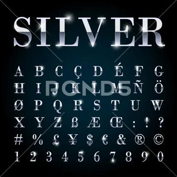 Silver metal font set letters, numbers, currency symbols. Illustration ...
