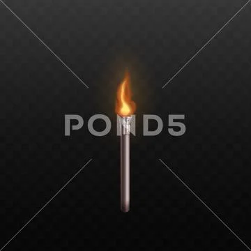 Silver metal torch with realistic fire isolated on dark background ...