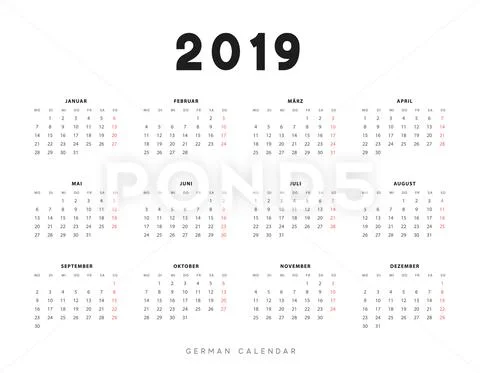 Simple germany calendar for 2019 years, week starts on Monday ~ Clip ...