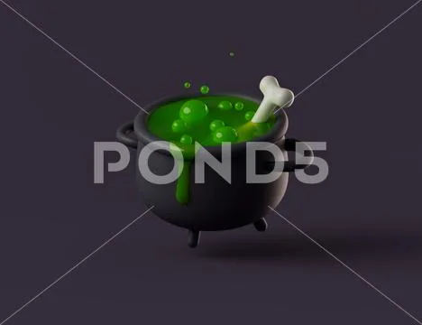Simple halloween cartoon witch's boiling cauldron with bone inside 3d ...