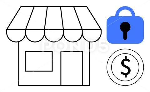 Simple line drawing of a small store with a blue lock and a dollar sign ...