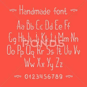 Simple romantic hand drawn font with hearts. Complete abc alphabet set ...