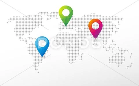 Simple world map with pins to mark the position: Graphic #53306393