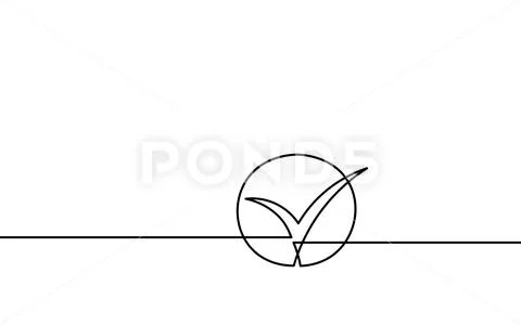Single continuous line check icon silhouette. Approved test correct ...