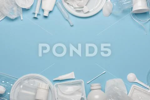 Single-use plastics. Plastic waste, ecological pollution. Frame banner ...