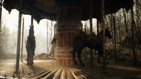 An sinister lonely carousel is spinning ... | Stock Video | Pond5