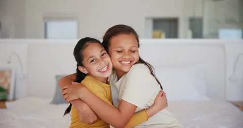 Sister, hug and face of girl children on... | Stock Video | Pond5
