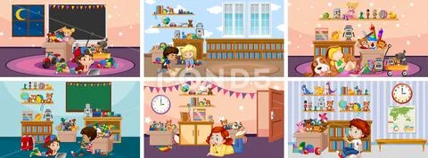 Six scenes with children doing activities in different rooms: Graphic ...