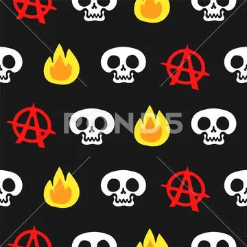 Skull,anarchy sign and flame seamless pattern,wallpaper.Vector hand ...