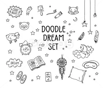 Sleep dream cute outline Doodle icons. Sleeping simple cartoon drawing ...