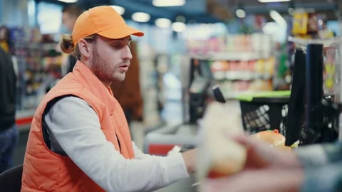 Sleepy tired bearded male cashier incomp... | Stock Video | Pond5