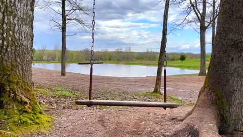 Slightly moving empty wooden swing summe... | Stock Video | Pond5