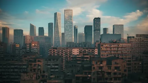 Slum houses in front of modern buildings... | Stock Video | Pond5