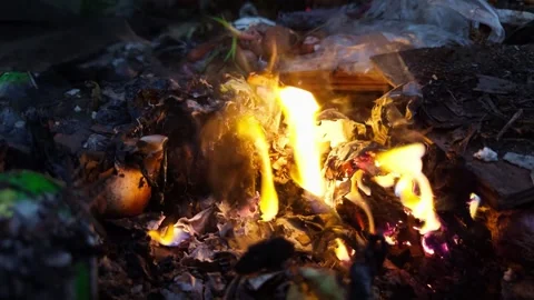 Small flame fire burning among leaves an... | Stock Video | Pond5