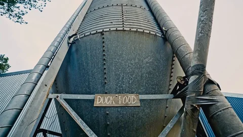 A small grain silo labelled duck food st... | Stock Video | Pond5