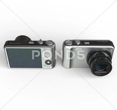 Small silver camera on white background - front and back view, ideal ...
