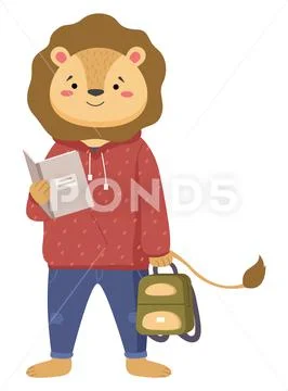 A smart lion schoolboy holding exercise book and school bag standing ...