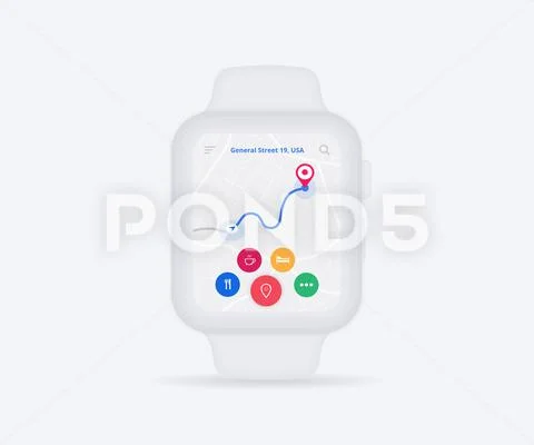 Smartwatch Map GPS navigation app ux ui concept, Watch map application vector: Royalty Free ...
