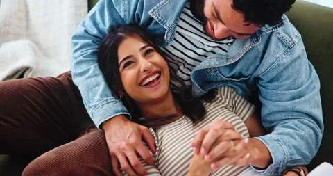 Smile, couple and tickle in home, laugh ... | Stock Video | Pond5