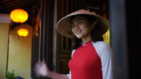 Smiling Asian girl in traditional dress ... | Stock Video | Pond5