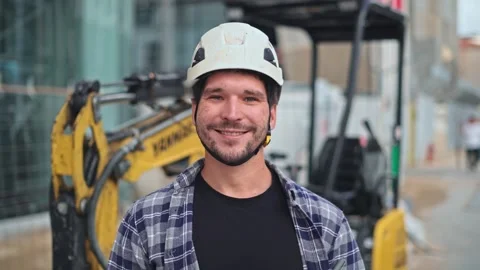 Smiling excavator digger driver man port... | Stock Video | Pond5