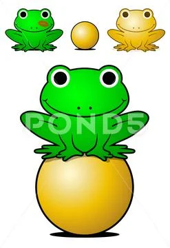 Smiling green frog balancing on a golden ball Illustration #71703408