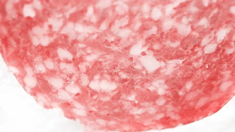 Smoked sausage, salami slice macro shot.... | Stock Video | Pond5