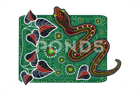 Snake in australian aboriginal style. Serpent and leaves. Illustration ...