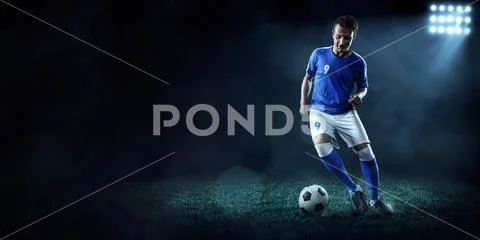 Soccer players performs an action play on a professional stadium ~ Hi ...