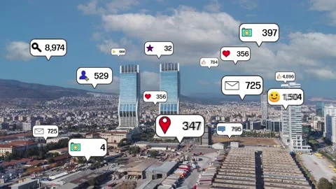 Social media icons fly over city downtow... | Stock Video | Pond5