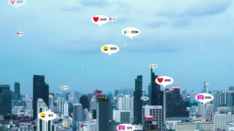 Social media icons fly over city downtow... | Stock Video | Pond5