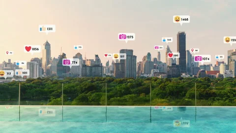 Social media icons fly over city downtow... | Stock Video | Pond5