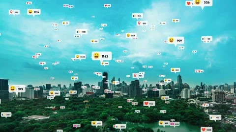 Social media icons fly over city downtow... | Stock Video | Pond5