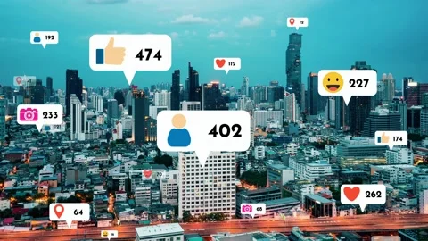 Social media icons fly over city downtow... | Stock Video | Pond5