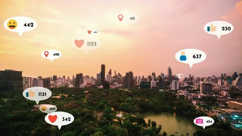 Social media icons fly over city downtow... | Stock Video | Pond5