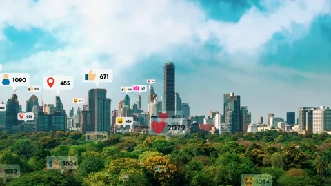 Social media icons fly over city downtow... | Stock Video | Pond5