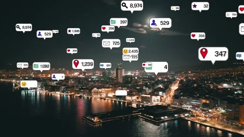 Social media icons fly over city downtow... | Stock Video | Pond5