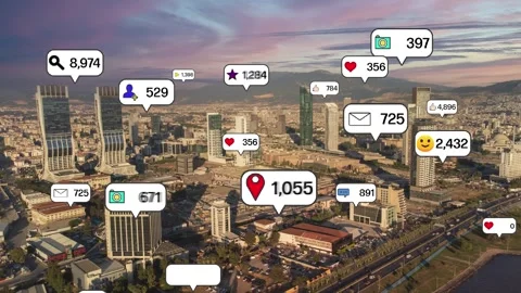 Social media icons fly over city downtow... | Stock Video | Pond5