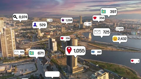 Social media icons fly over city downtow... | Stock Video | Pond5