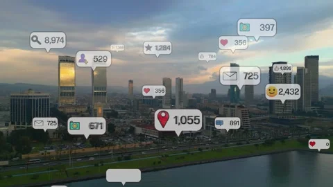 Social media icons fly over city downtow... | Stock Video | Pond5