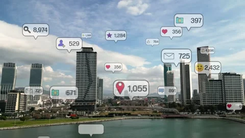 Social media icons fly over city downtow... | Stock Video | Pond5