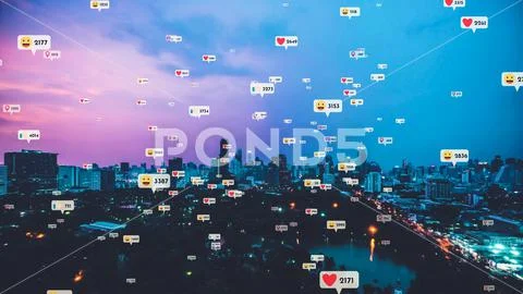 Social media icons fly over city downtown showing people reciprocity ...