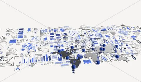 Social network 3d on world map and hand drawn business strategy as ...