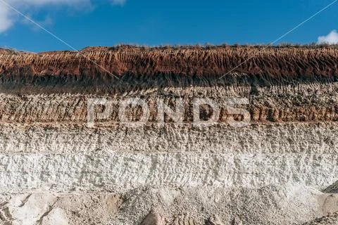 Soil layers in section. Limestone rock formation. Open pit mining ...