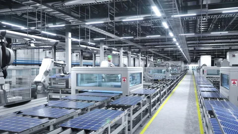 Solar panel factory with robotic arms pl... | Stock Video | Pond5
