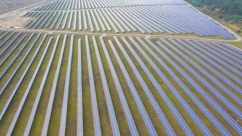Solar panel farm seen from above, filmed... | Stock Video | Pond5