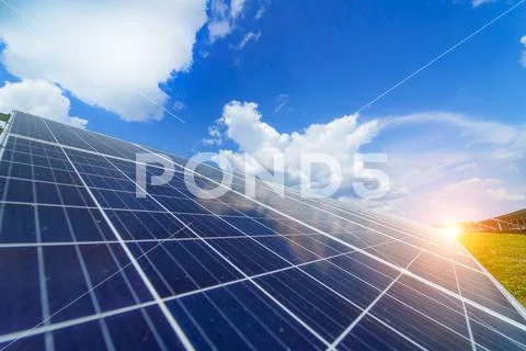 Solar panels on the sky background. Solar power plant. Blue solar ...