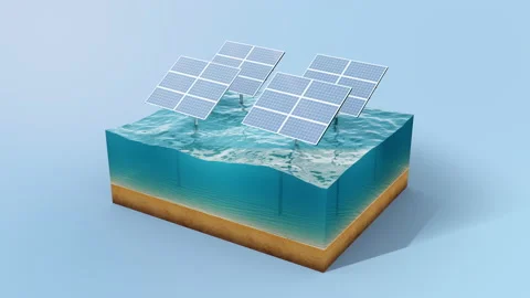 Solar panels on surface sea, ocean. Piec... | Stock Video | Pond5