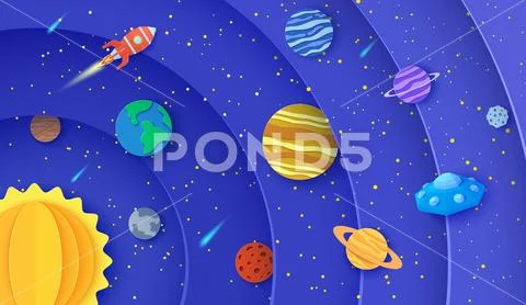 Solar system model in paper cut style. Round layers galaxy space with ...